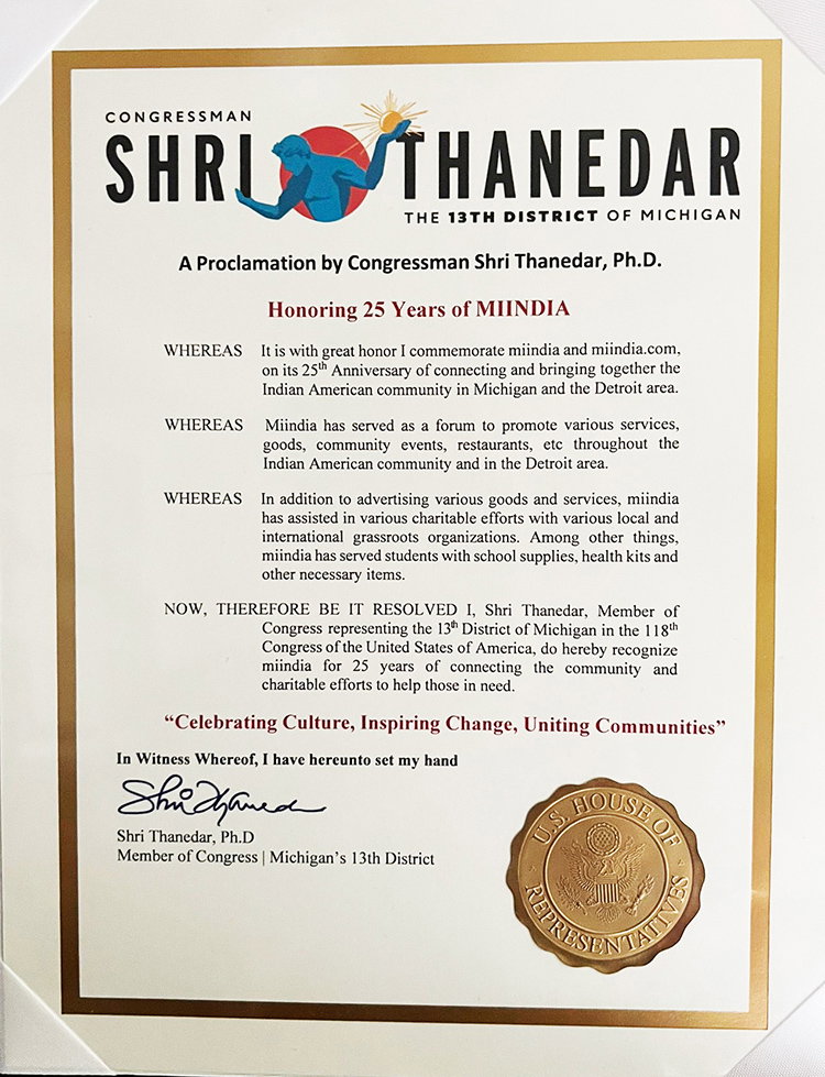 Miindia.com 25 year anniversary – Proclamation by U.S. Congressman Shri ...